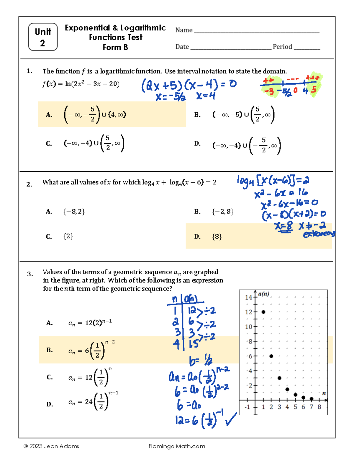 Test Unit 2 Form B Key - Math - Unit 2 Exponential & Logarithmic ...