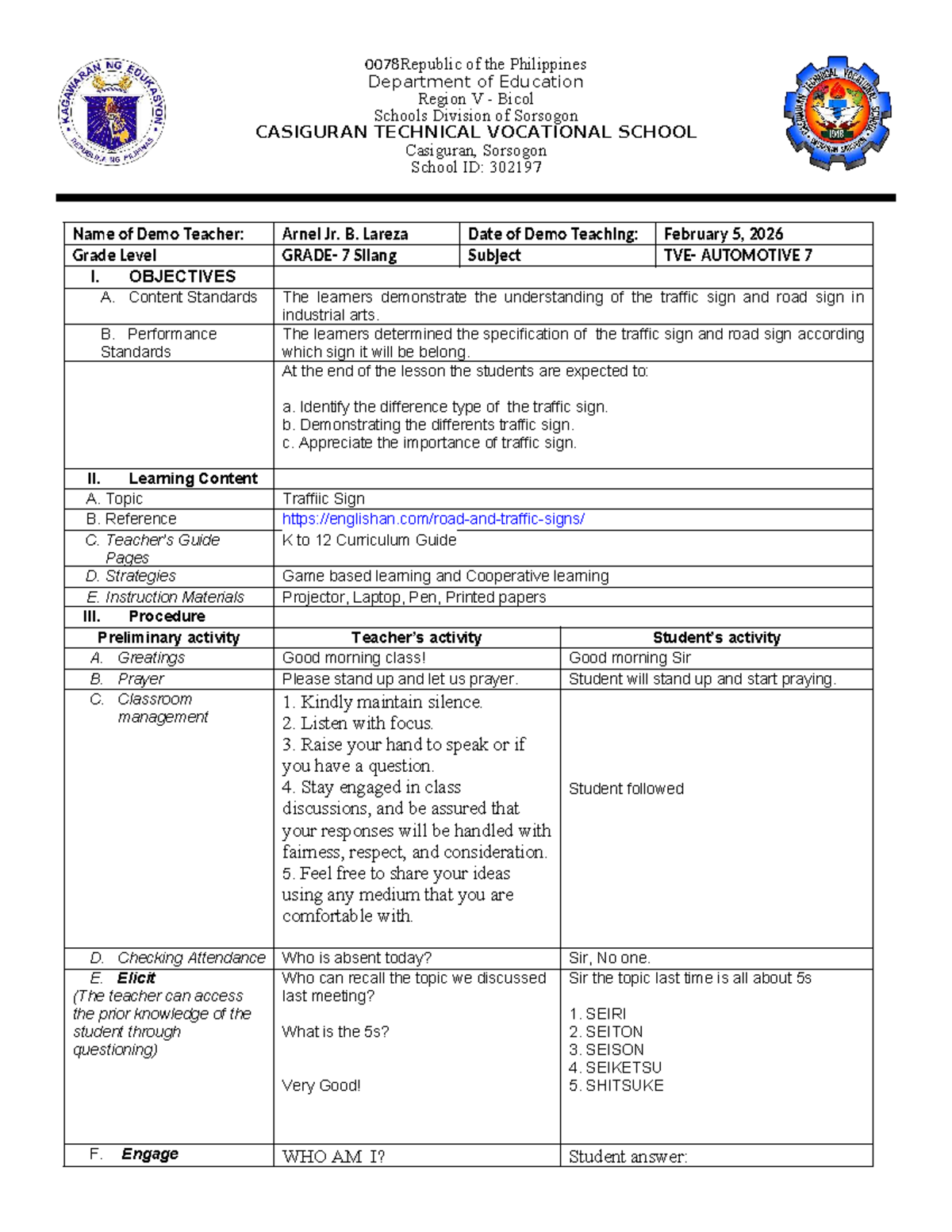 Traffic Signs Lesson Plan DLP - Grade 7 (AUTOMOTIVE 7) - Studocu