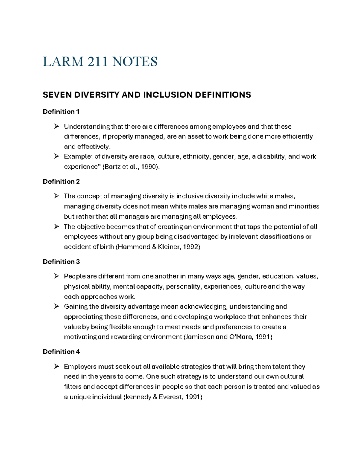 LARM 211 Final Exam Notes: Diversity and Inclusion Definitions - Studocu
