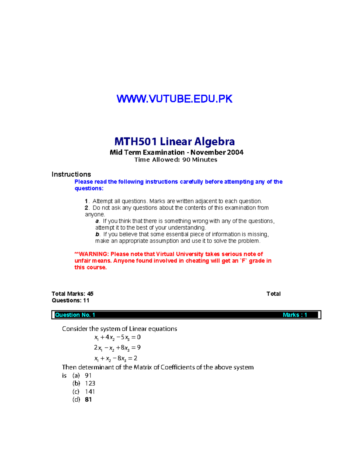 MTH501 Linear Algebra Midterm Exam Subjective File - Nov 2004 - Studocu