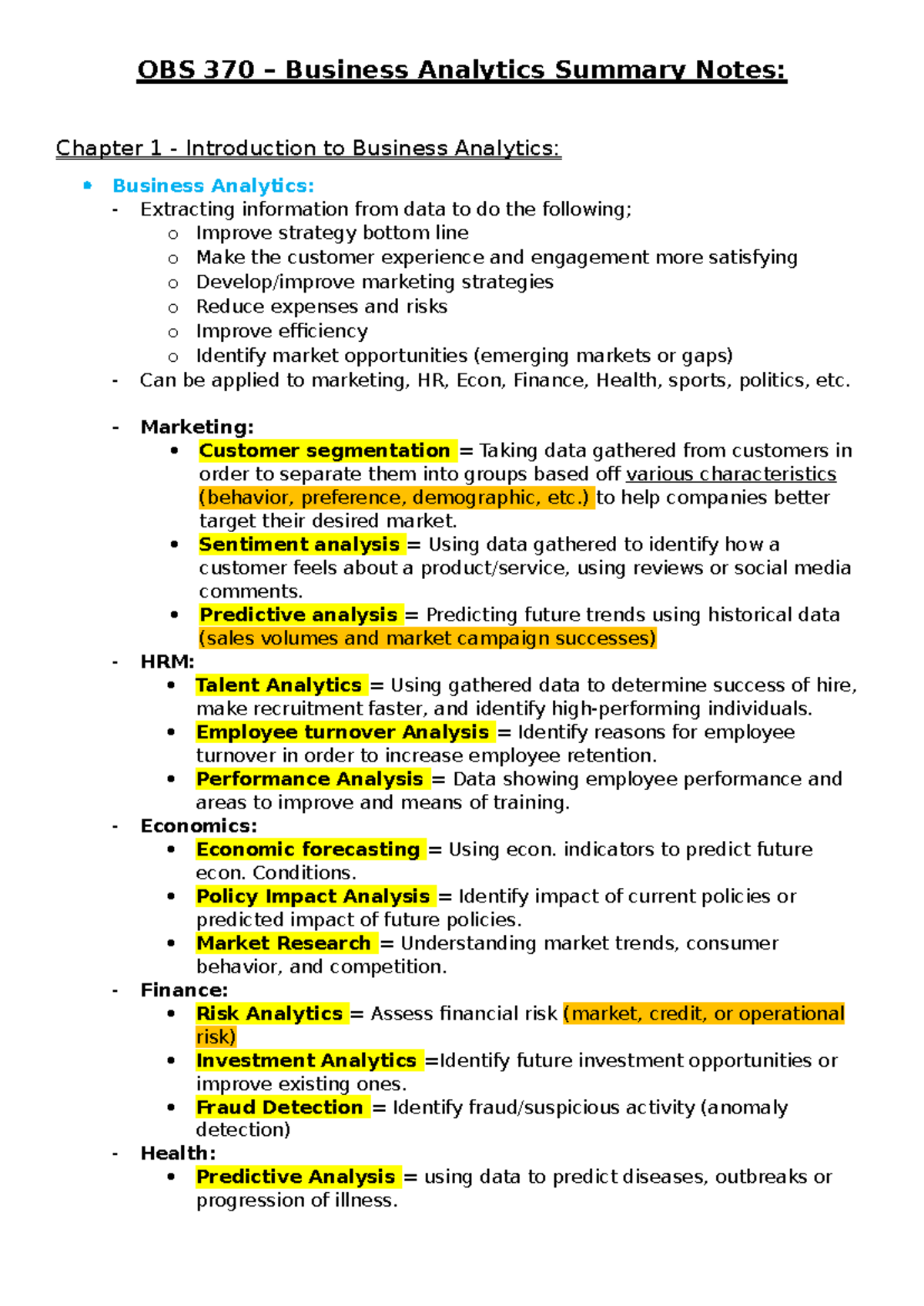 Obs370 Business Analytics Lecture Notes Key Concepts Summary Studocu