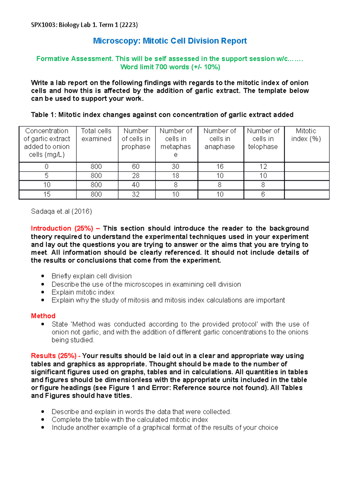 Mitosis Lab 1 Report - SPX1003: Biology Lab 1. Term 1 (2223) Microscopy ...