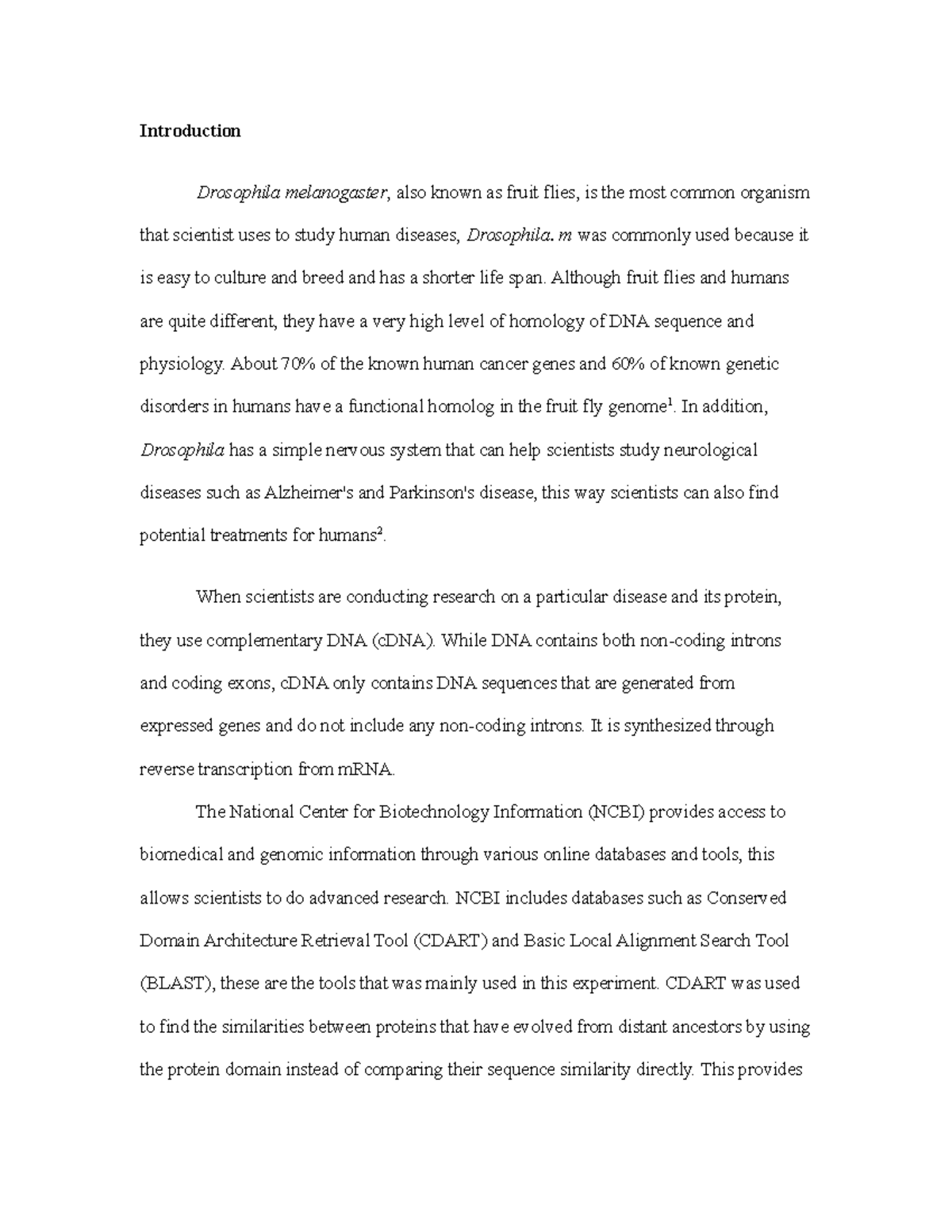 BIOL230W Lab Report on Drosophila melanogaster and cDNA Analysis - Studocu