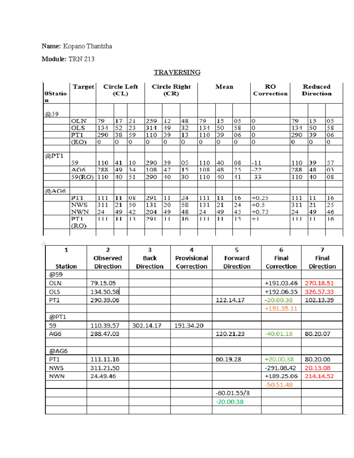 TRN 213 Traversing Field Book Example and Report - Studocu