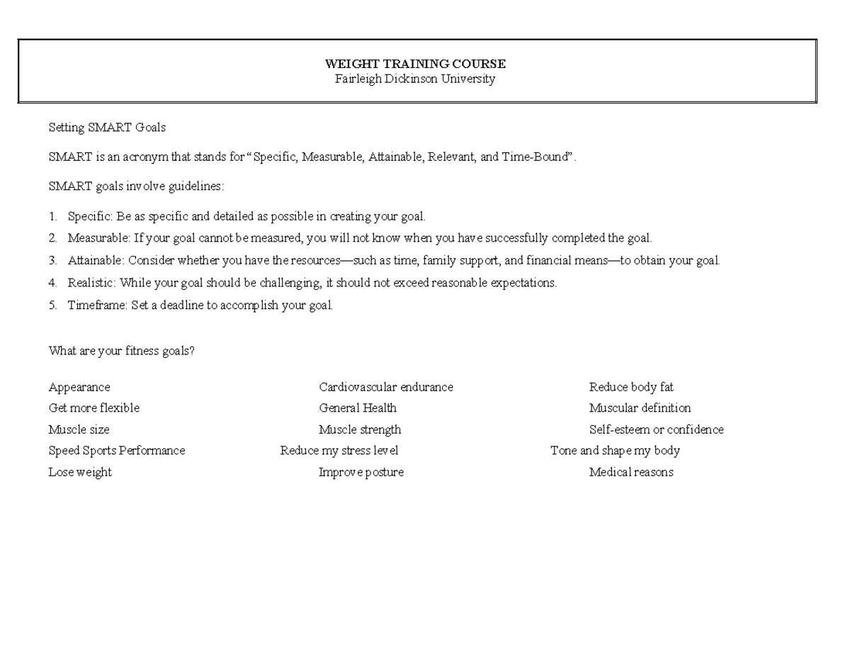 Weight Training Course: Setting SMART Fitness Goals - Studocu