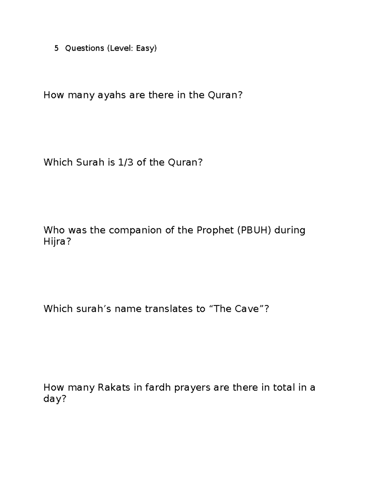 Islamic Trivia Scavenger Hunt Questions (Levels: Easy & Medium) - Studocu