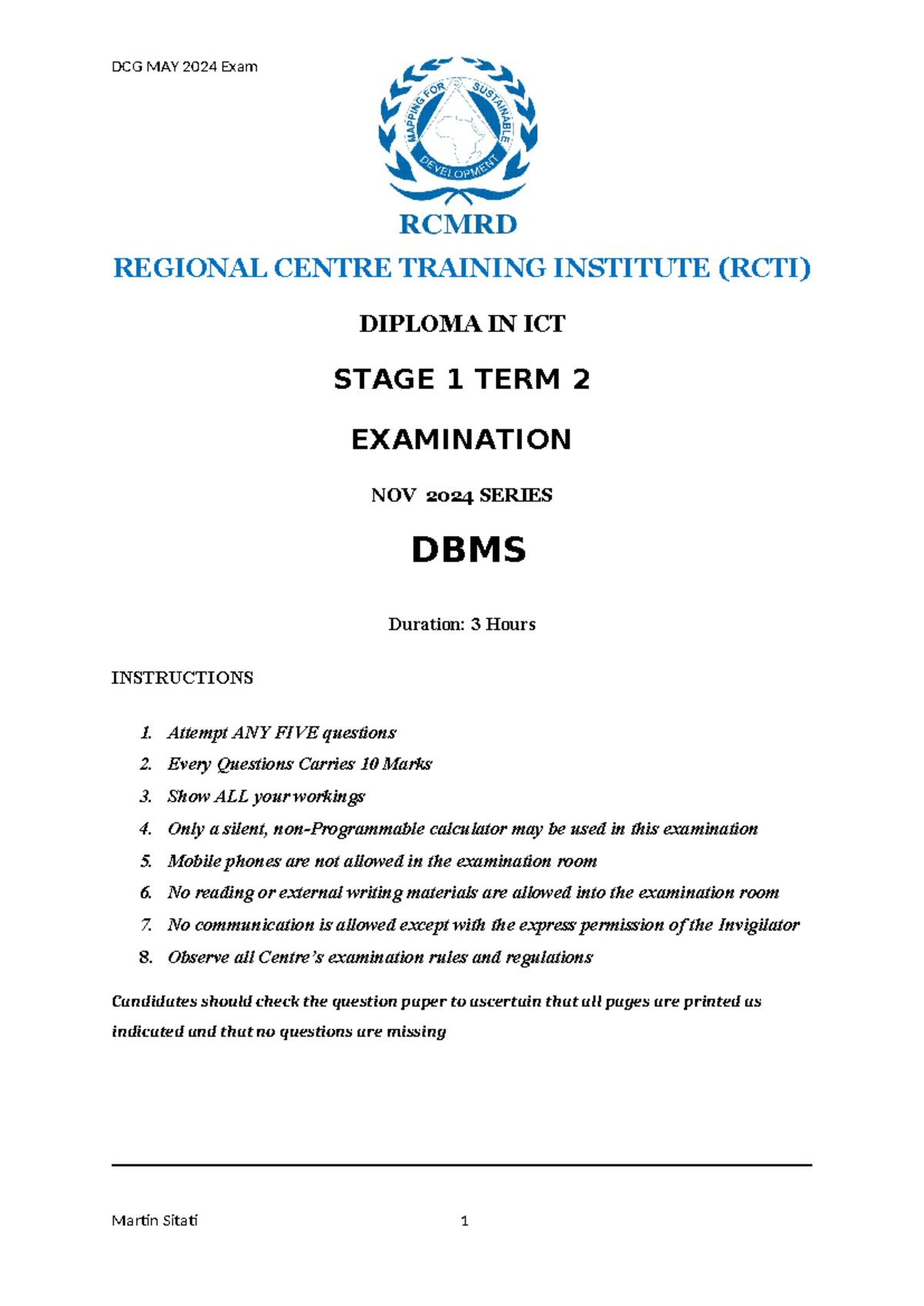 DCG MAY 2024 DBMS Final Exam - Martin Sitati - Studocu