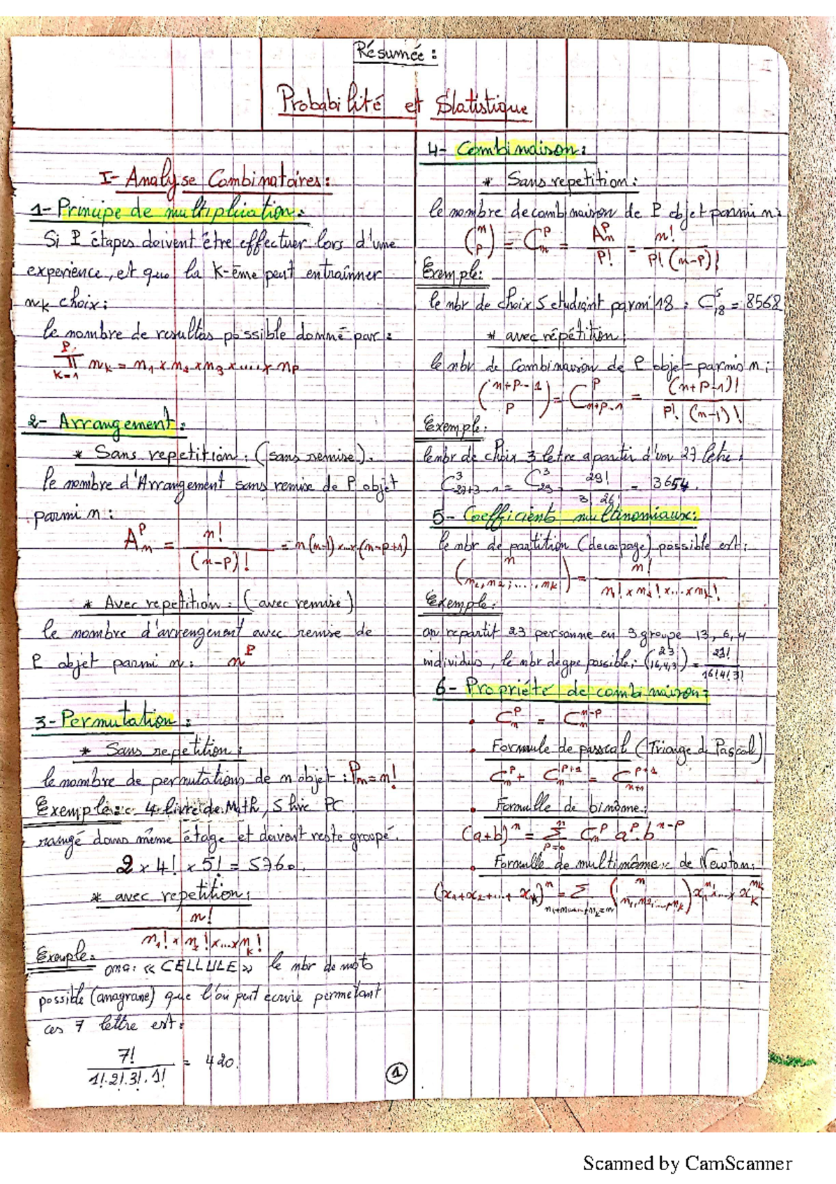 Résumé de Probabilités et Statistiques C3113 : Analyse Combinatoire et ...