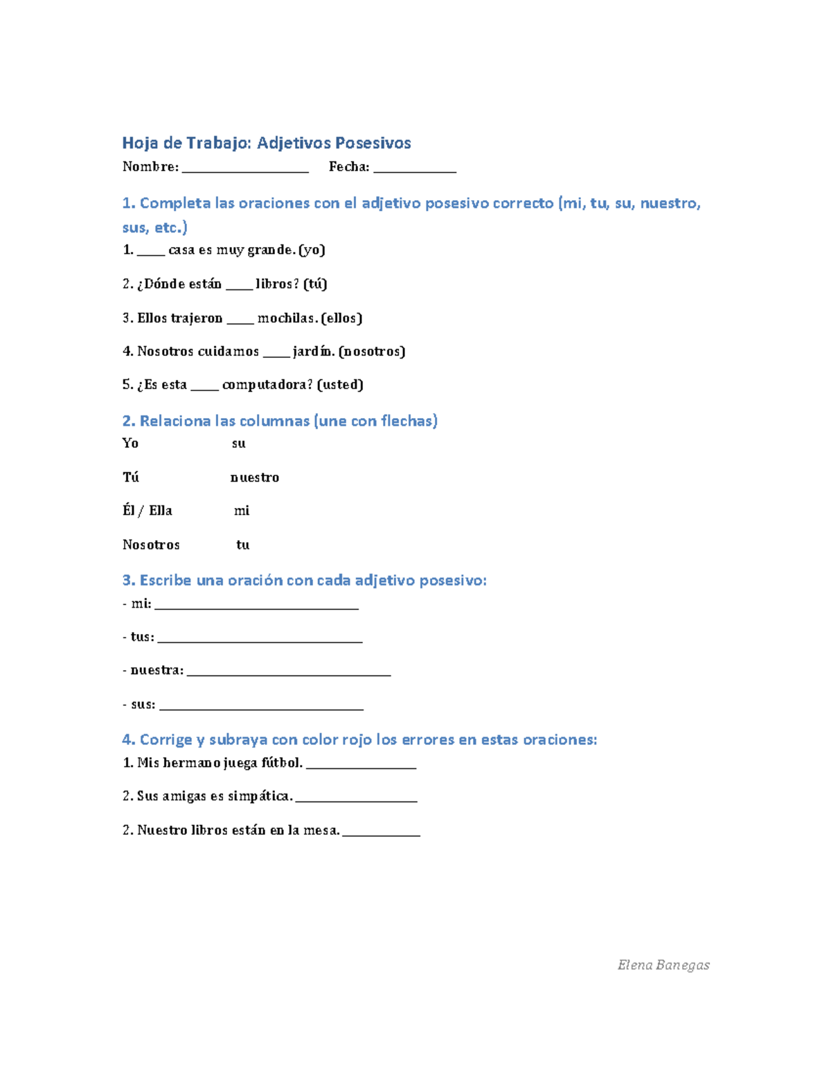 Hoja de Trabajo: Adjetivos Posesivos - Ejercicios y Correcciones - Studocu