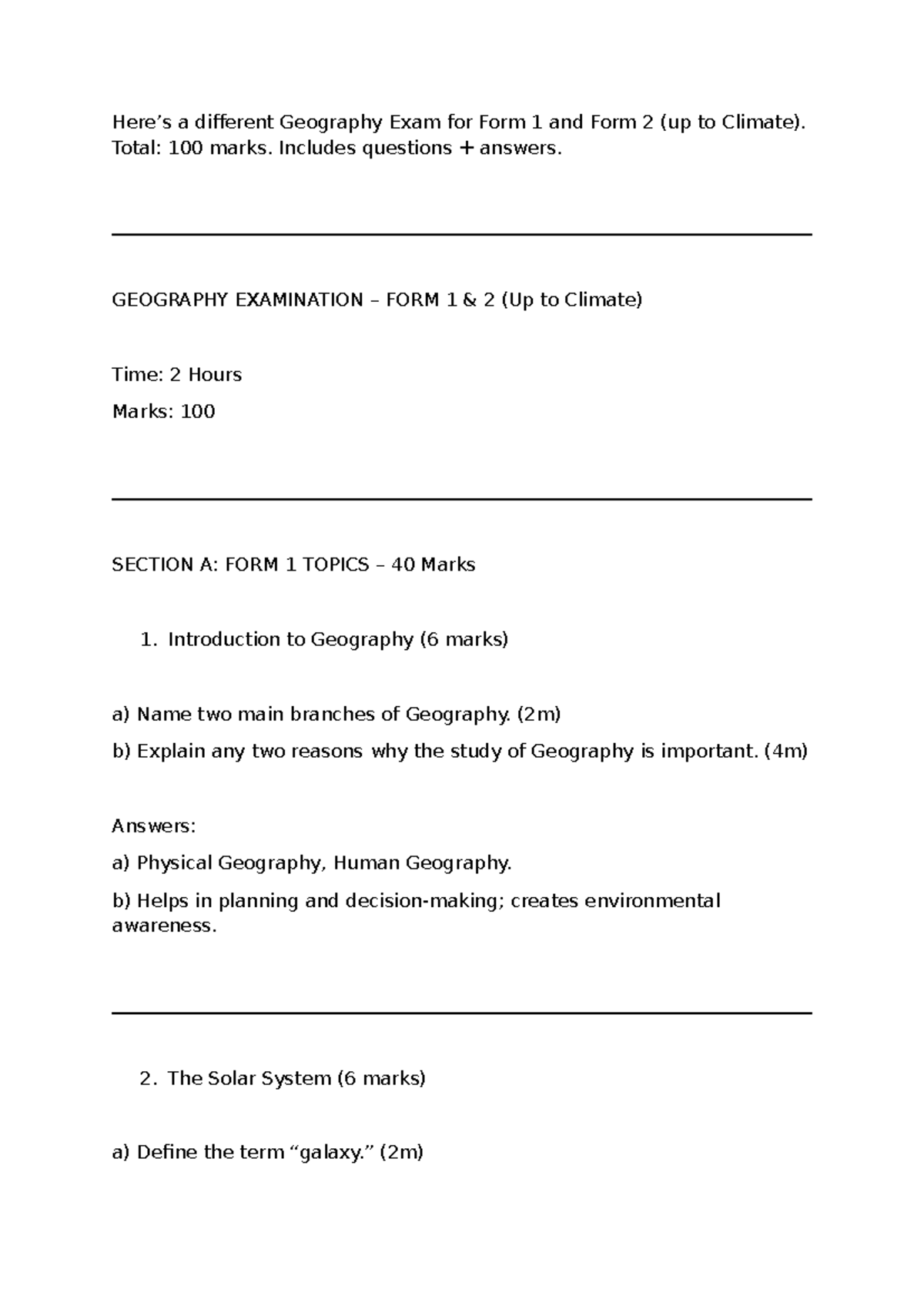 Geography Exam Revision for Form 1 & 2 (Up to Climate) - 100 Marks ...