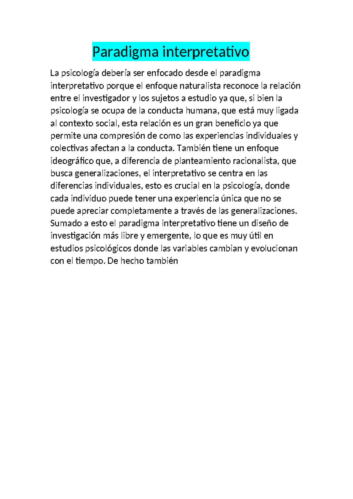 Paradigma Interpretativo en Psicología: Un Enfoque Diferencial - Studocu