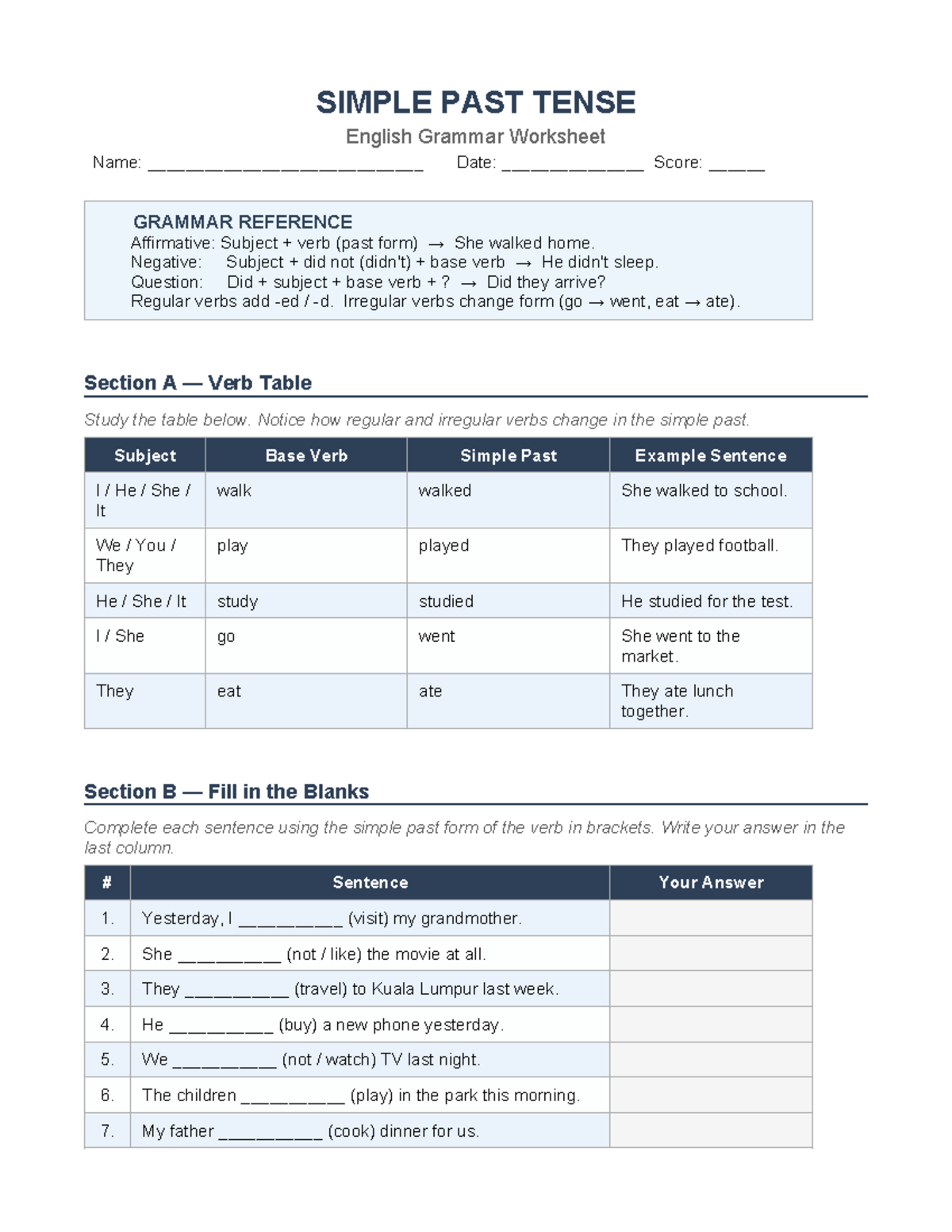 Simple Past Tense Worksheet (English Grammar) - Studocu