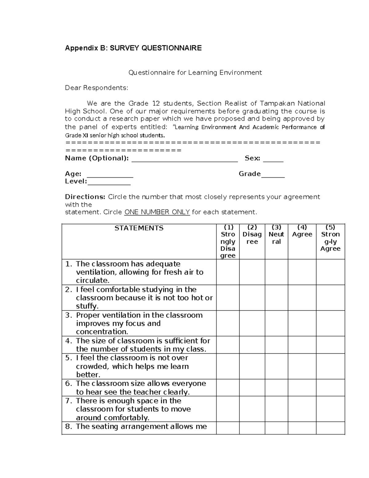 Learning Environment Questionnaire for Grade 12 Research Project - Studocu