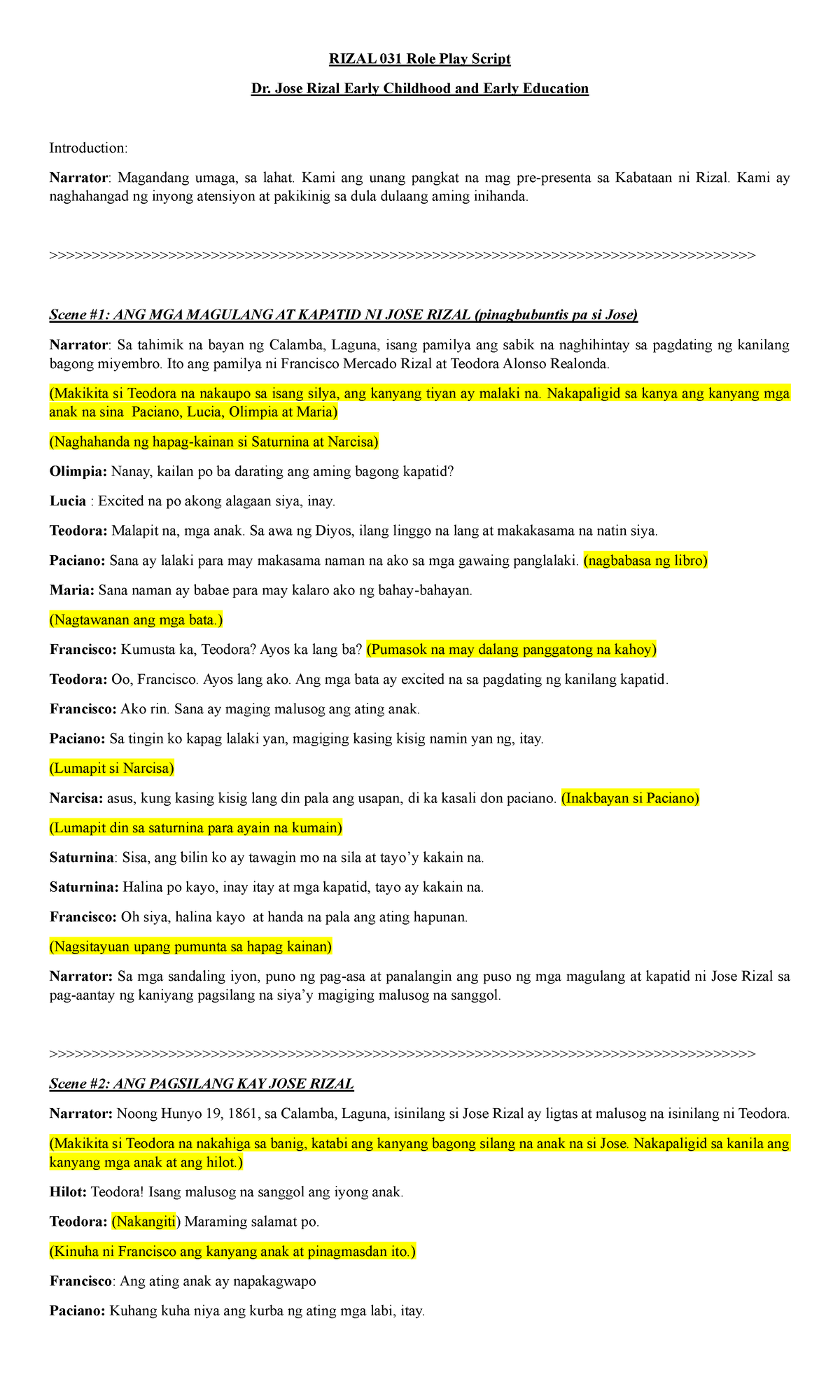 RIZAL 031 Role Play Script: The Early Childhood of Jose Rizal - Studocu