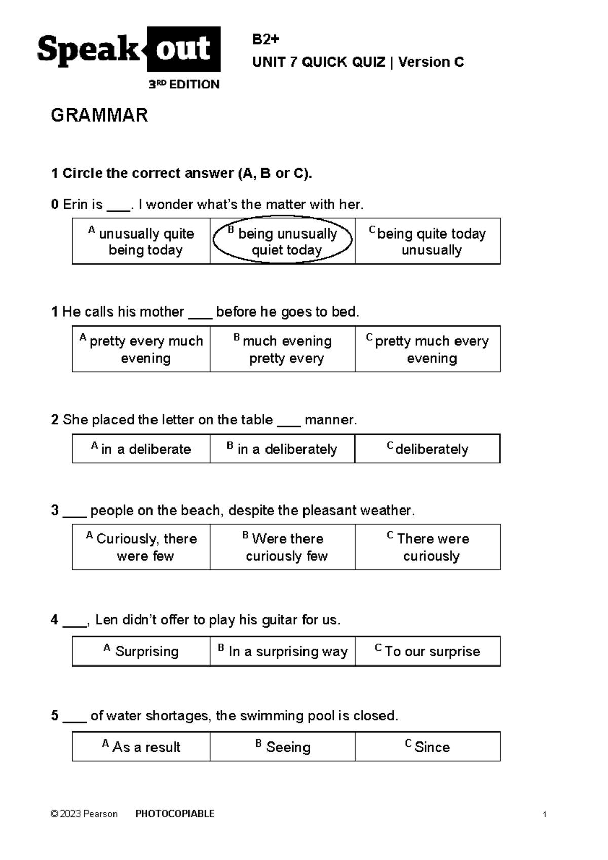 SO3 B2+ Unit 7 Quick Quiz Version C - Grammar Practice - Studocu