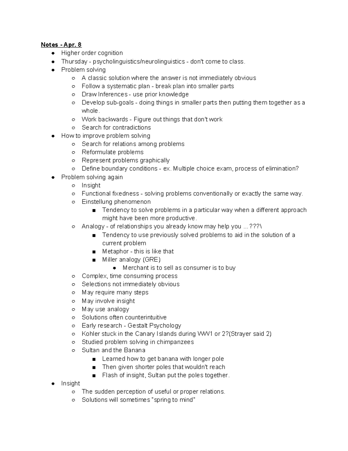 Higher Order Cognition & Problem Solving Strategies - Notes - Notes ...