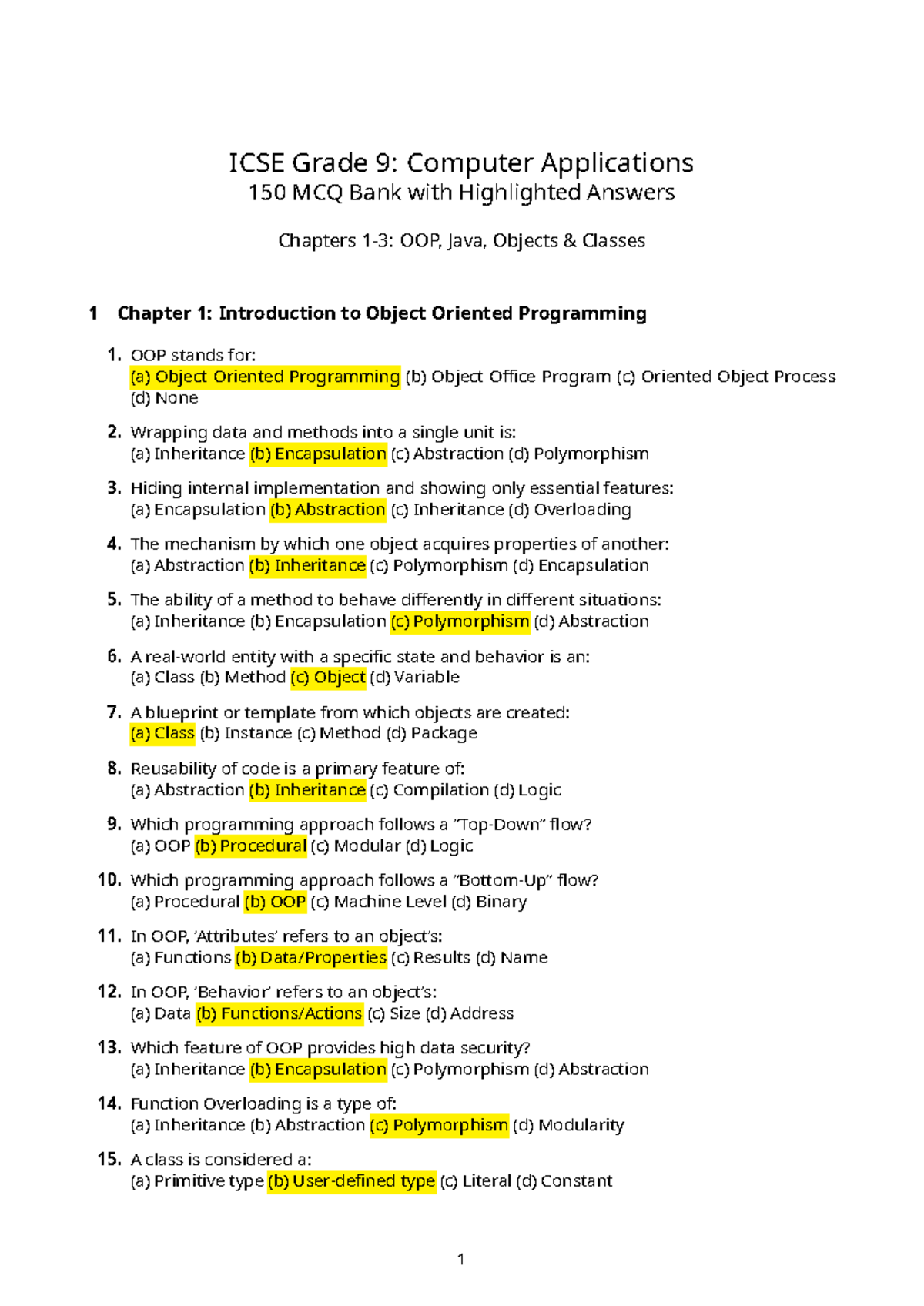 ICSE Grade 9: Computer Applications 150 MCQ Bank with Answers - Studocu
