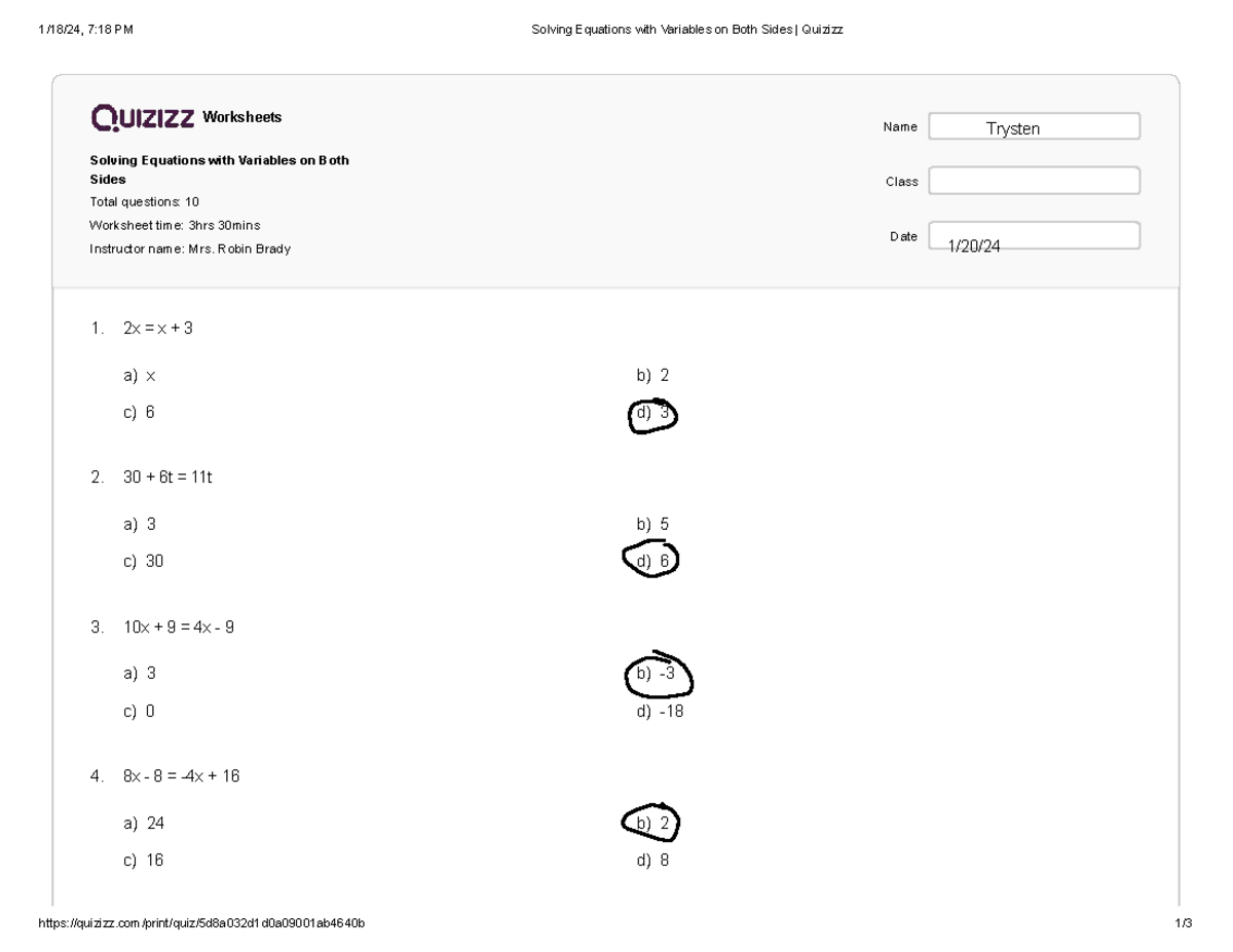 Solving Equations with Variables on Both Sides Quizizz Worksheet - Studocu