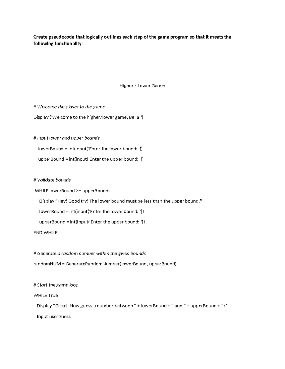 4-3 Assignment: Higher/Lower Game Pseudocode Overview - Studocu