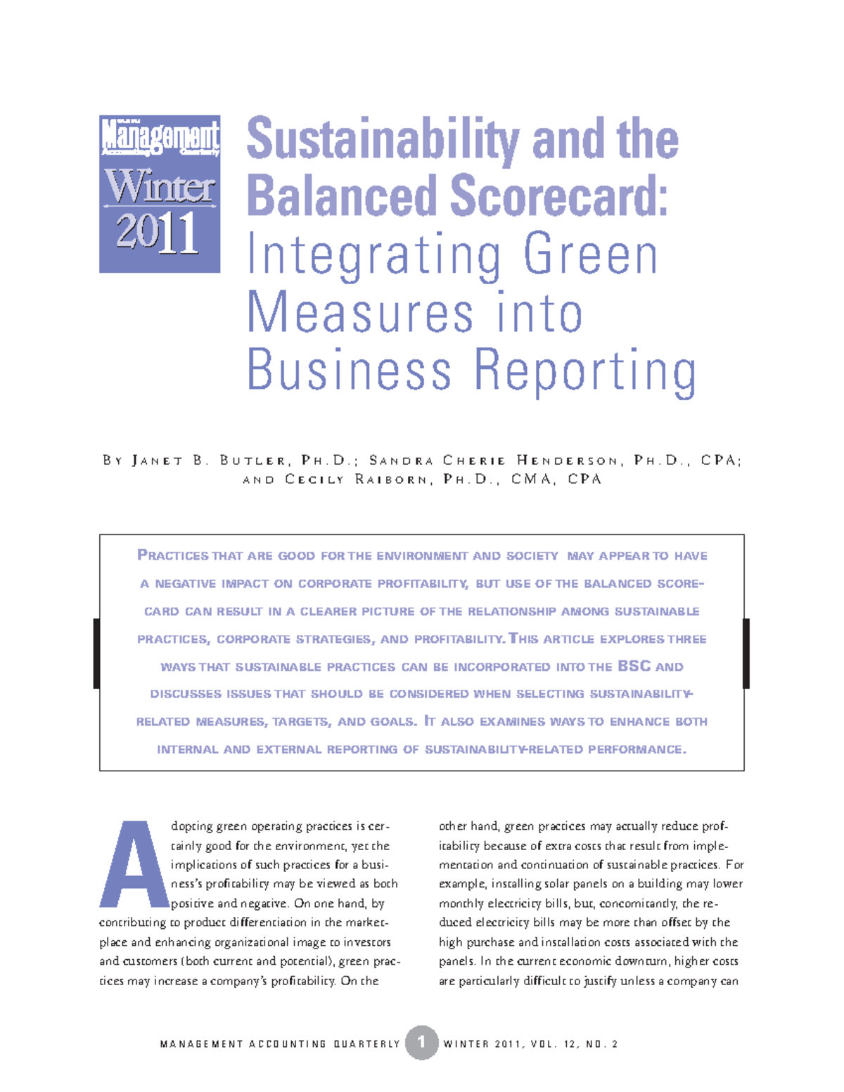 Sustainability and the Balanced scorecard Integrating Green Measures ...