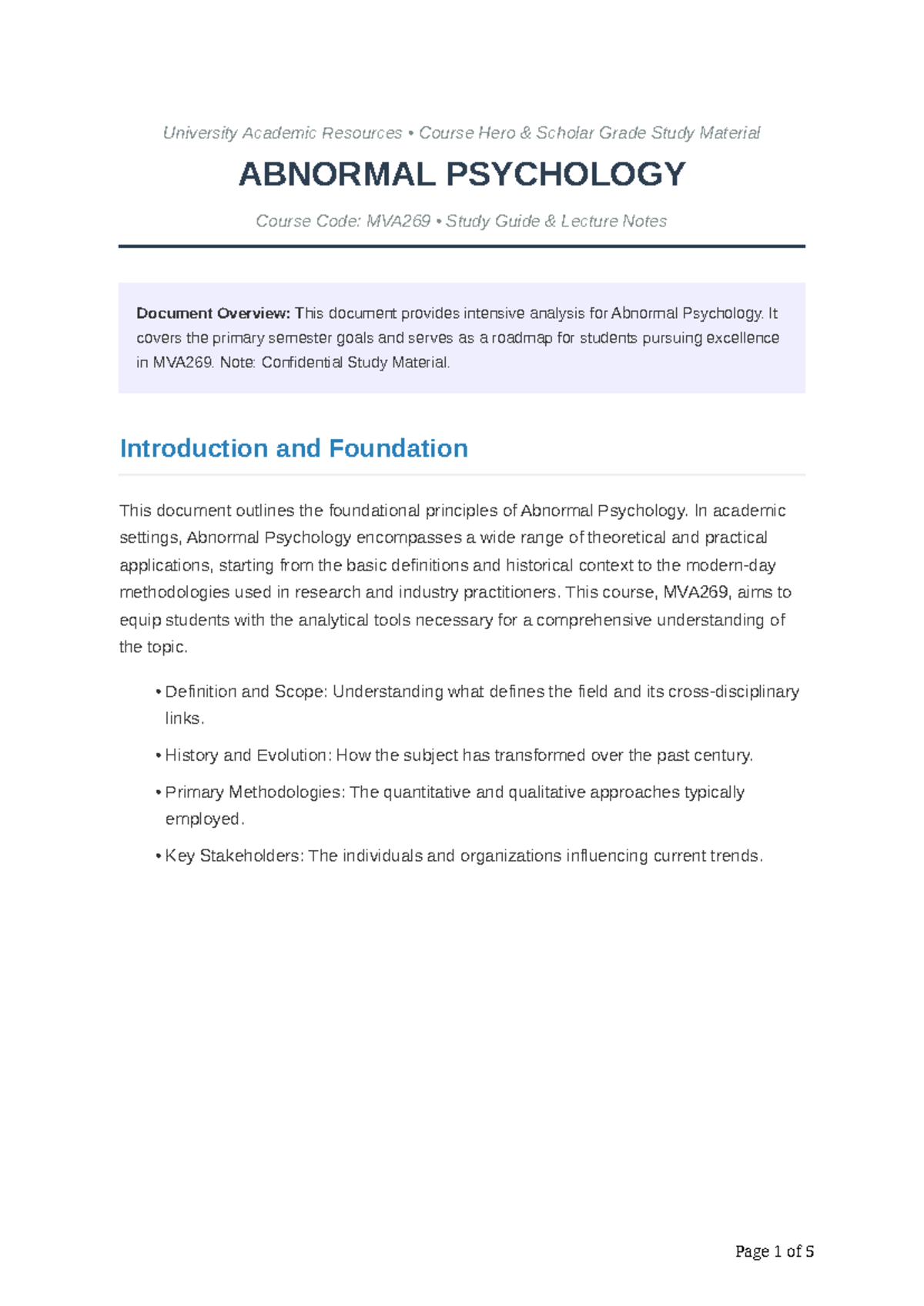 MVA269 Abnormal Psychology Study Guide & Lecture Notes - Studocu