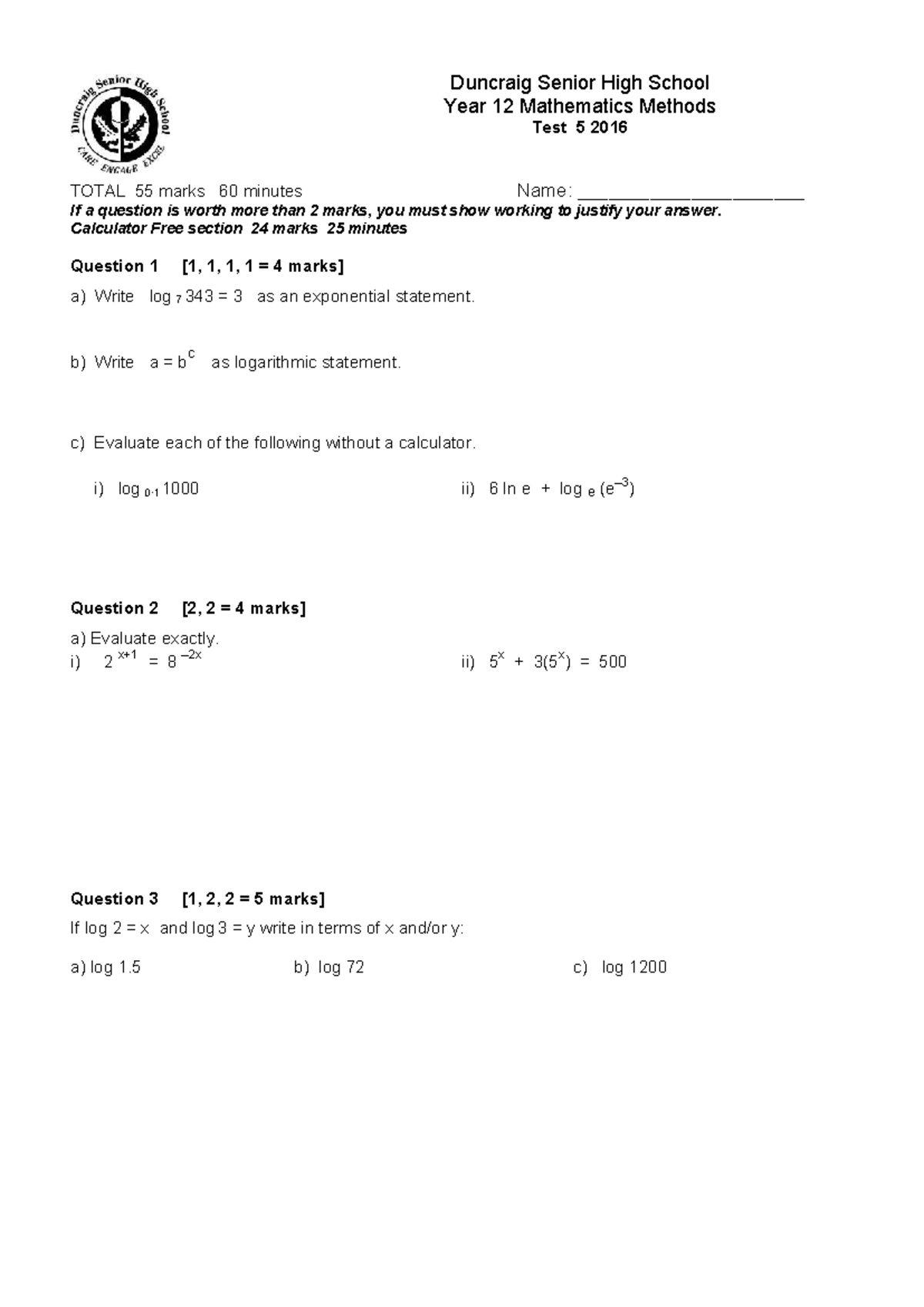 2016 Yr 12 Mathematics Methods Test 5 - Major Assessment - Studocu