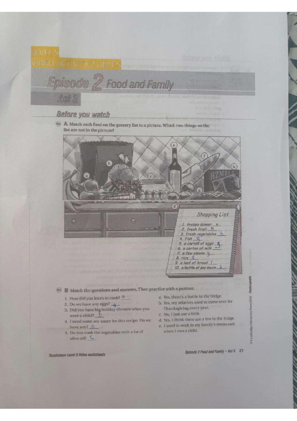 Touchstone Level 3 Video Worksheets: Episode 2 - Food and Family ...