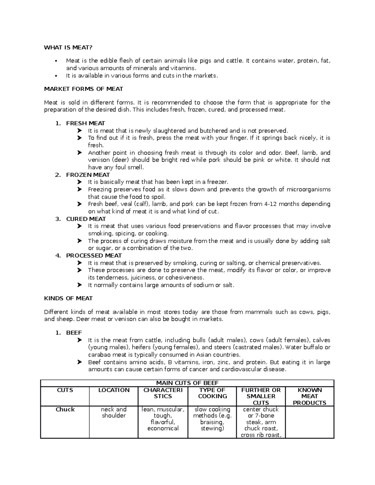 TLE Notes: Understanding Market Forms and Types of Meat - Studocu
