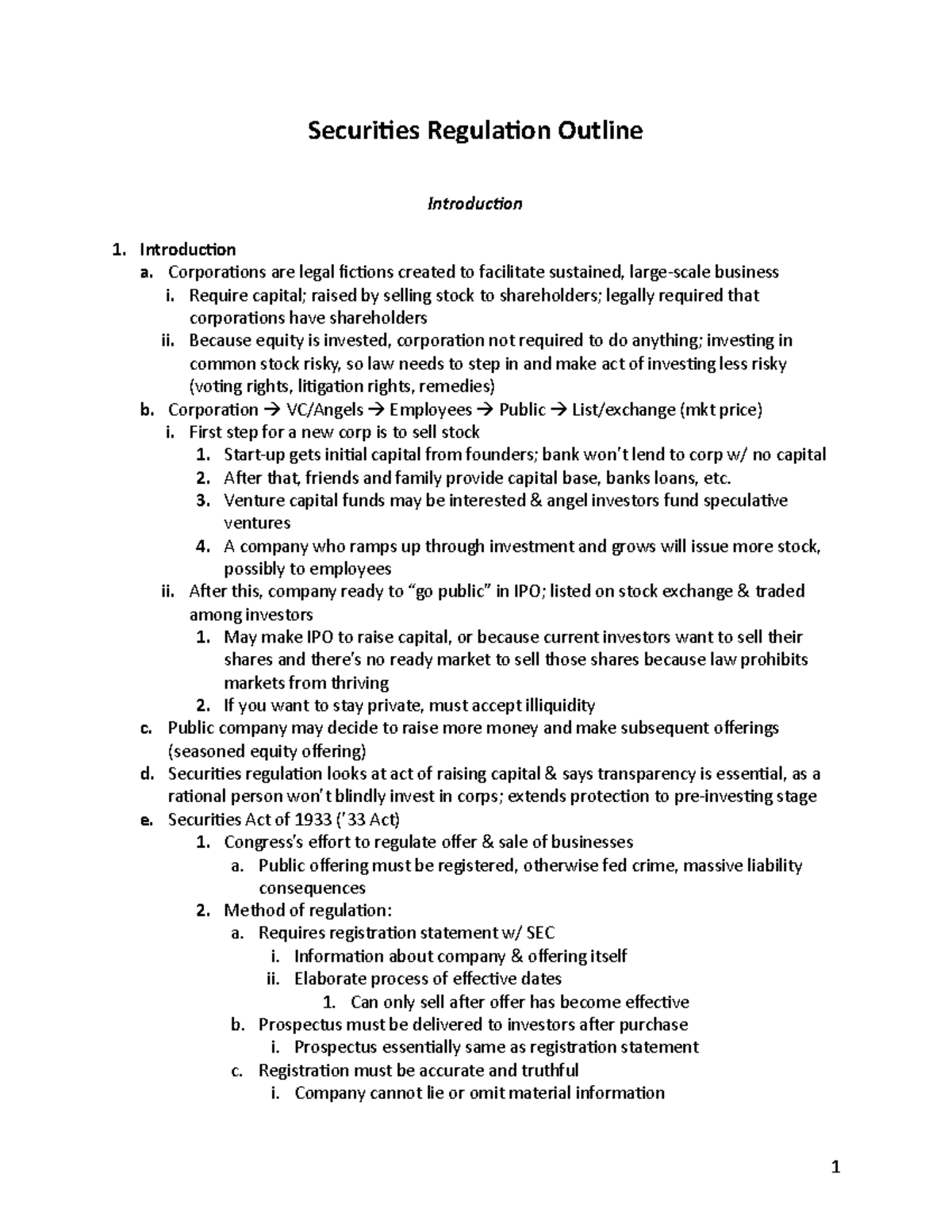 Securities Regulation Outline: Key Concepts and Legal Framework (LAW ...