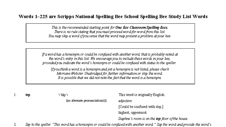 Scripps National Spelling Bee Study List for Classroom Bees - Studocu