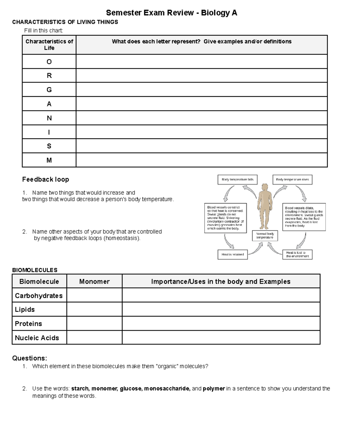 Semester Exam Review - Biology A: Key Concepts & Processes - Semester ...