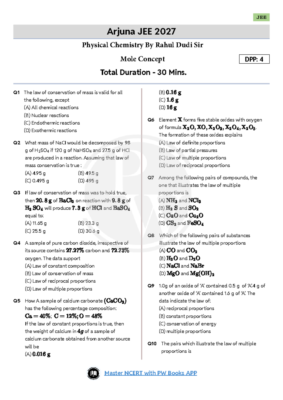 Mole Concept DPP 04: JEE 2027 Physical Chemistry Insights - Studocu