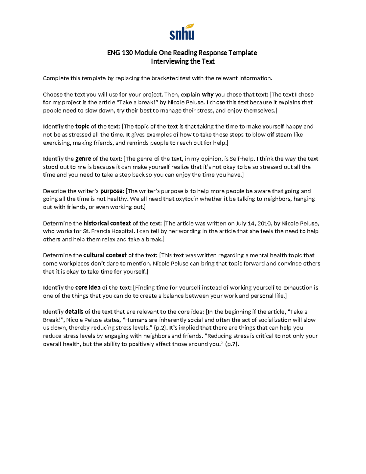 ENG 130 Module One Text Analysis & Reflection Template - Studocu