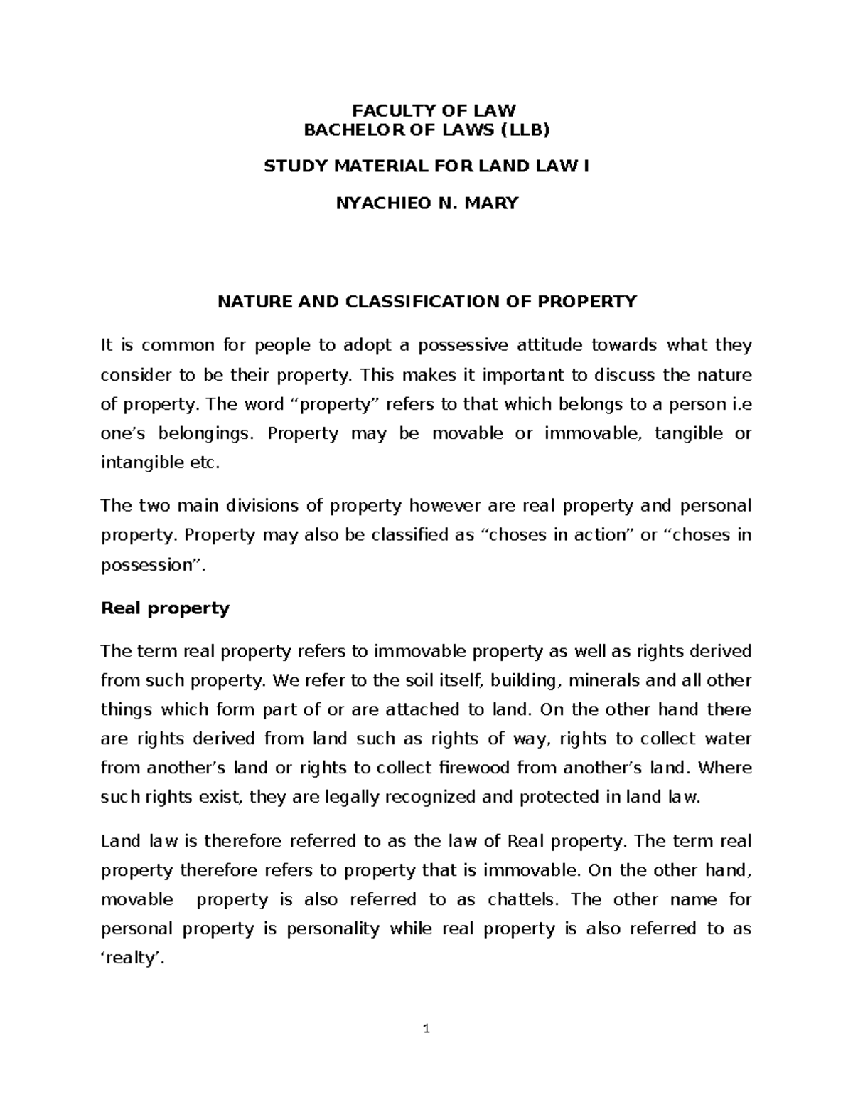 Land Law I (LLB) - Nature, Classification, and Ownership of Property ...