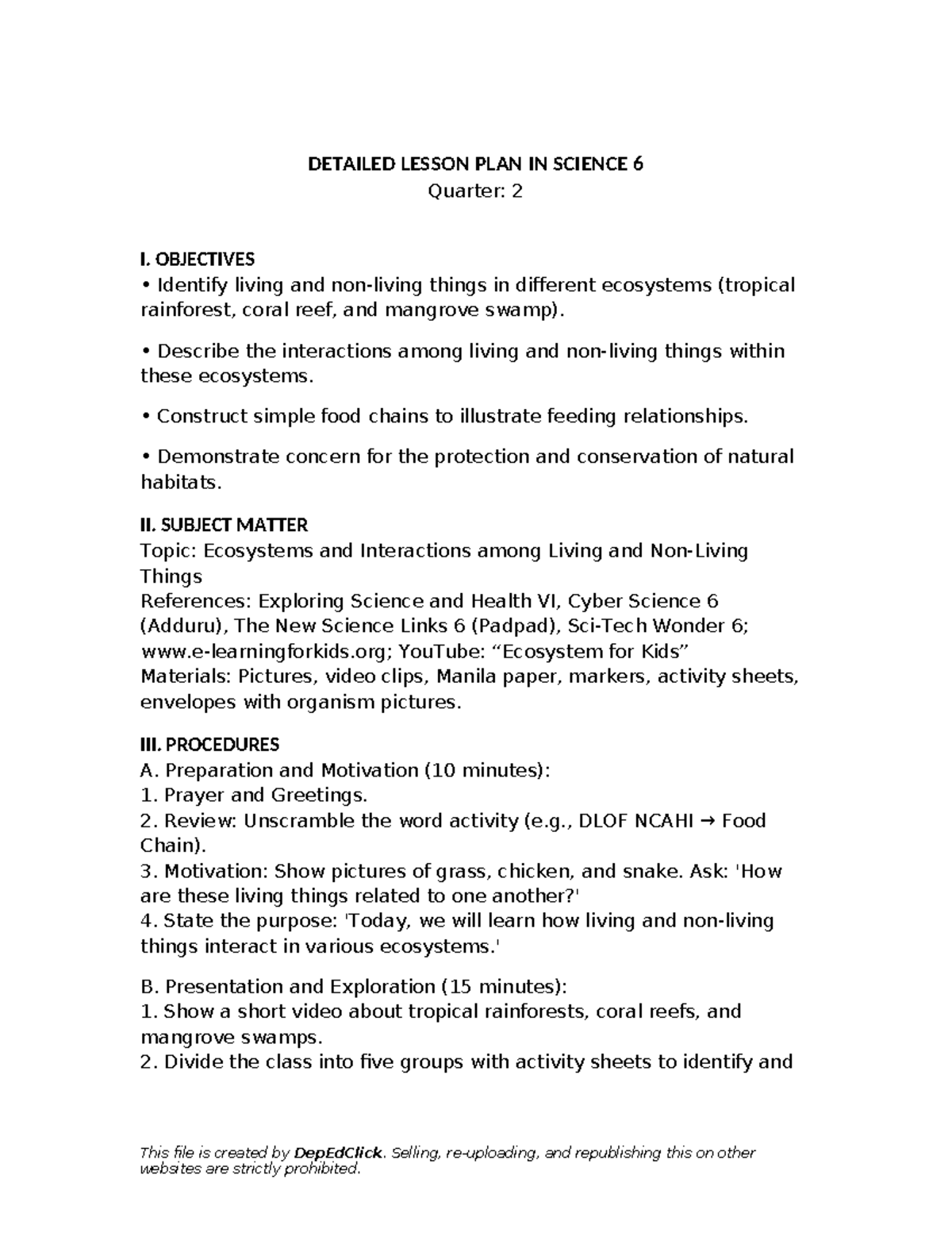 DLP Science 6: Lesson Plan on Ecosystems and Interactions - Studocu