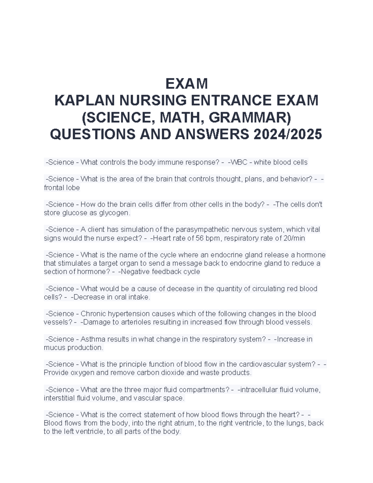 KAPLAN NURSING ENTRANCE EXAM 2024: Science, Math, and Grammar Q&A - Studocu