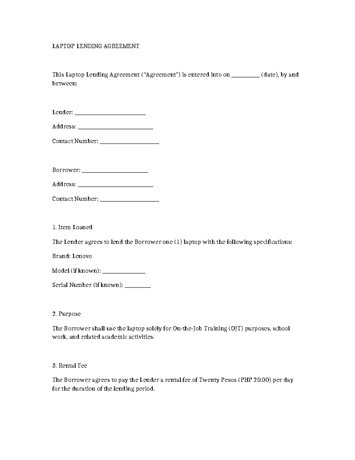 LAPTOP LENDING AGREEMENT for OJT Purposes - Studocu