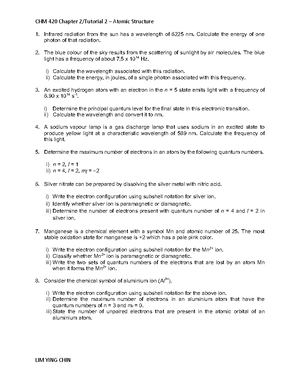 Tutorial 3 CHM 420 Sept 2024 answer - Chapter 4/Tutorial 4 CHM 420 K+ ...