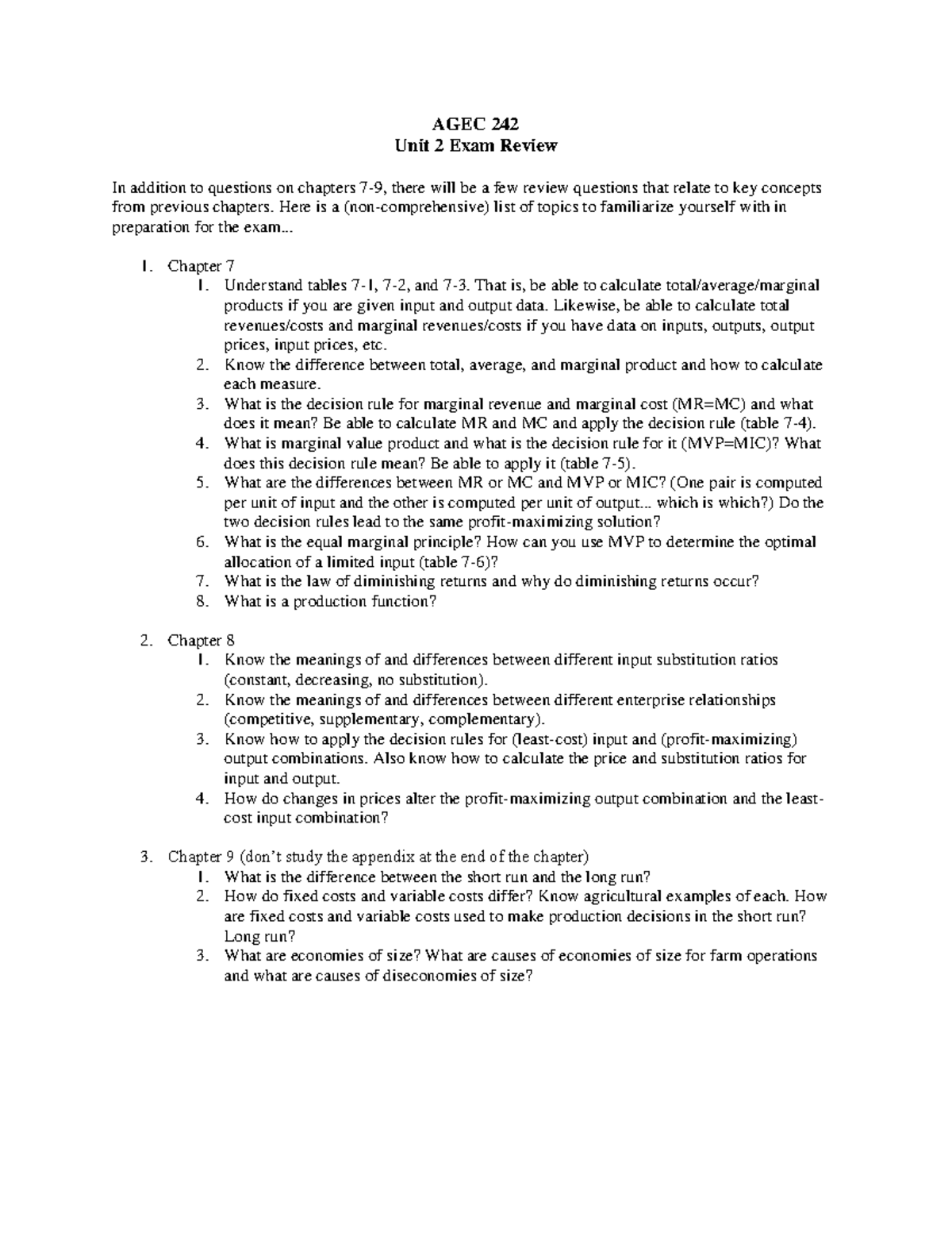 AGEC 242 Unit 2 Exam Review: Key Concepts from Chapters 7-9 - Studocu