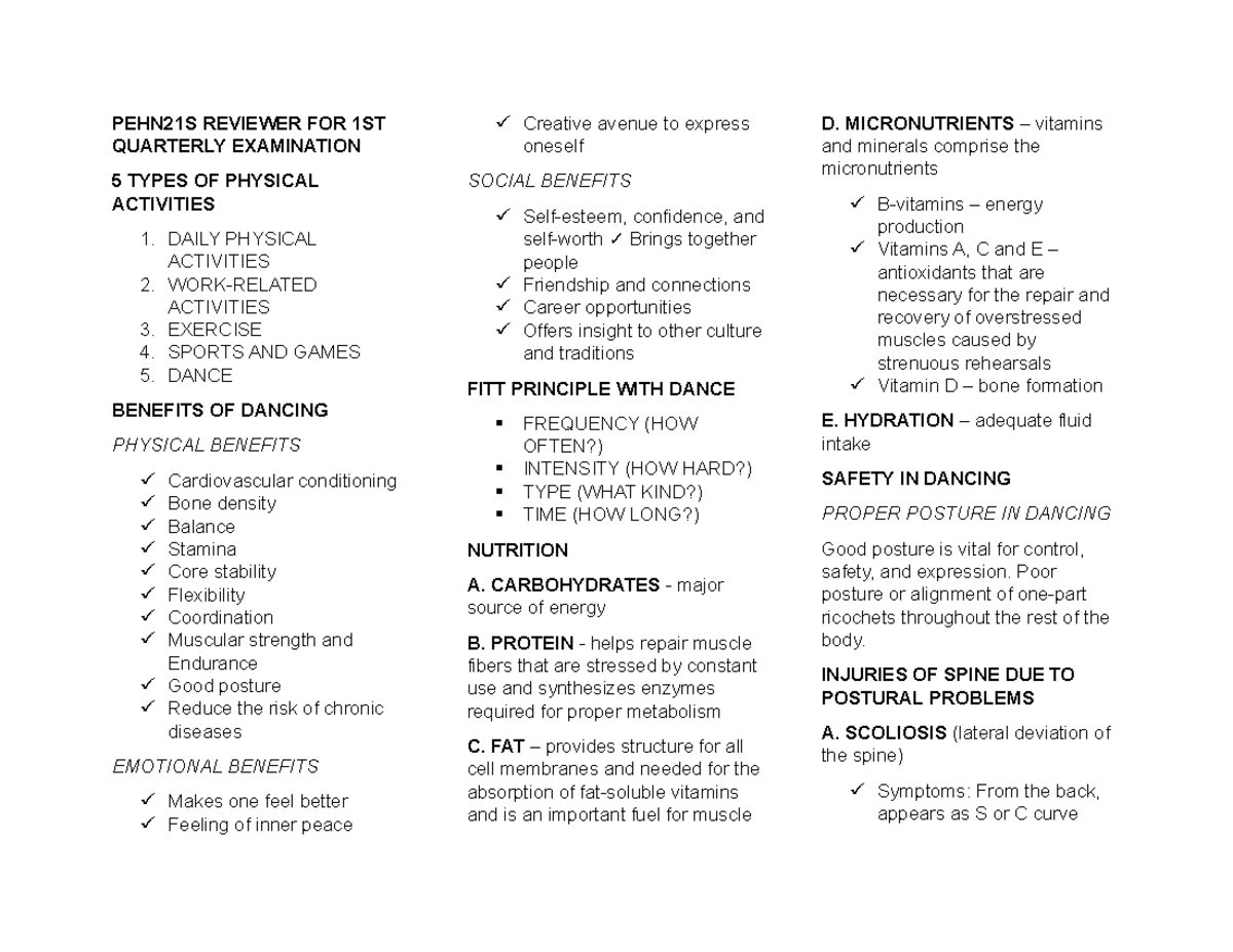 PE Reviewer - Lecture notes 1,2,3 - Physical Education - Studocu