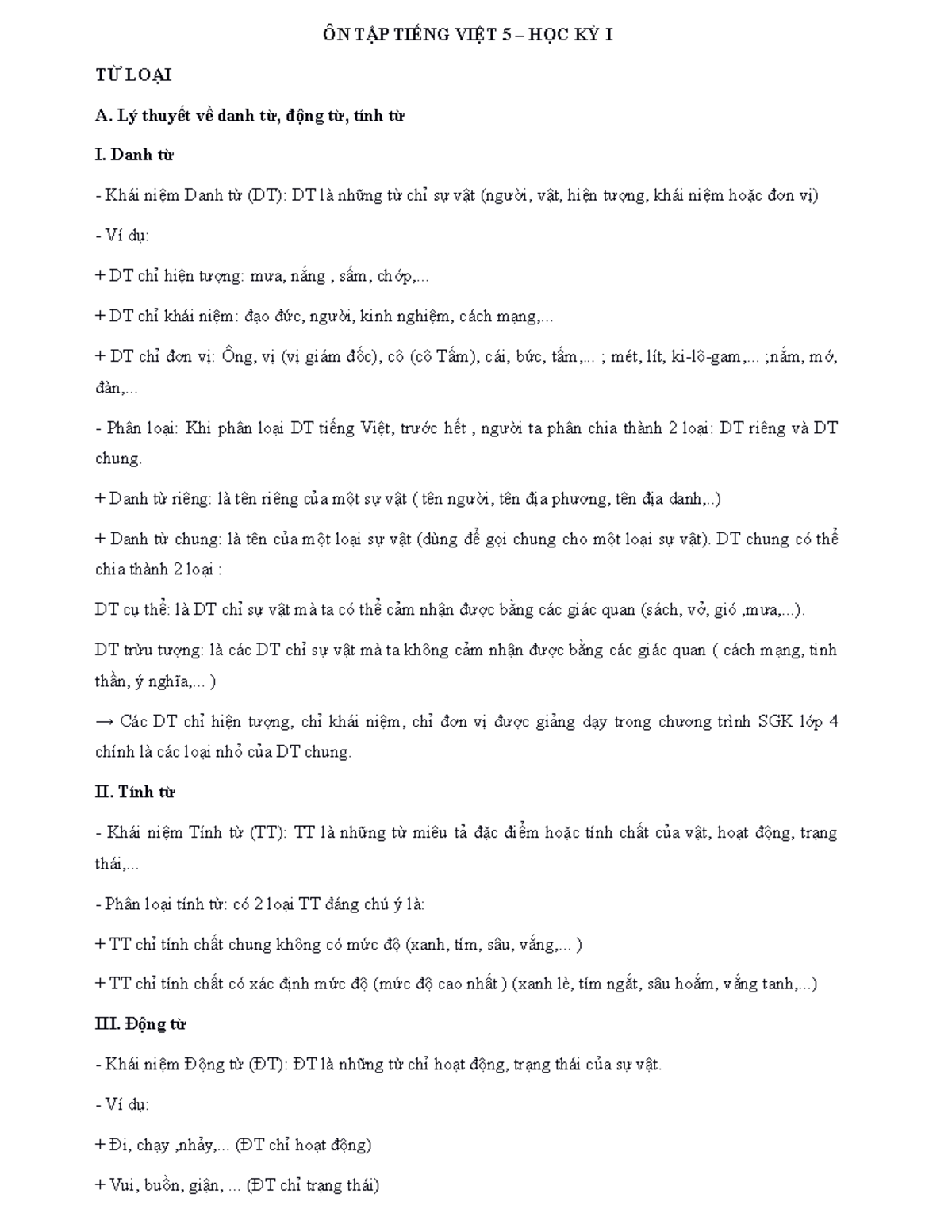 Bài Tập Danh Từ, Động Từ, Tính Từ - Tiếng Việt 5 Học Kỳ I - Studocu