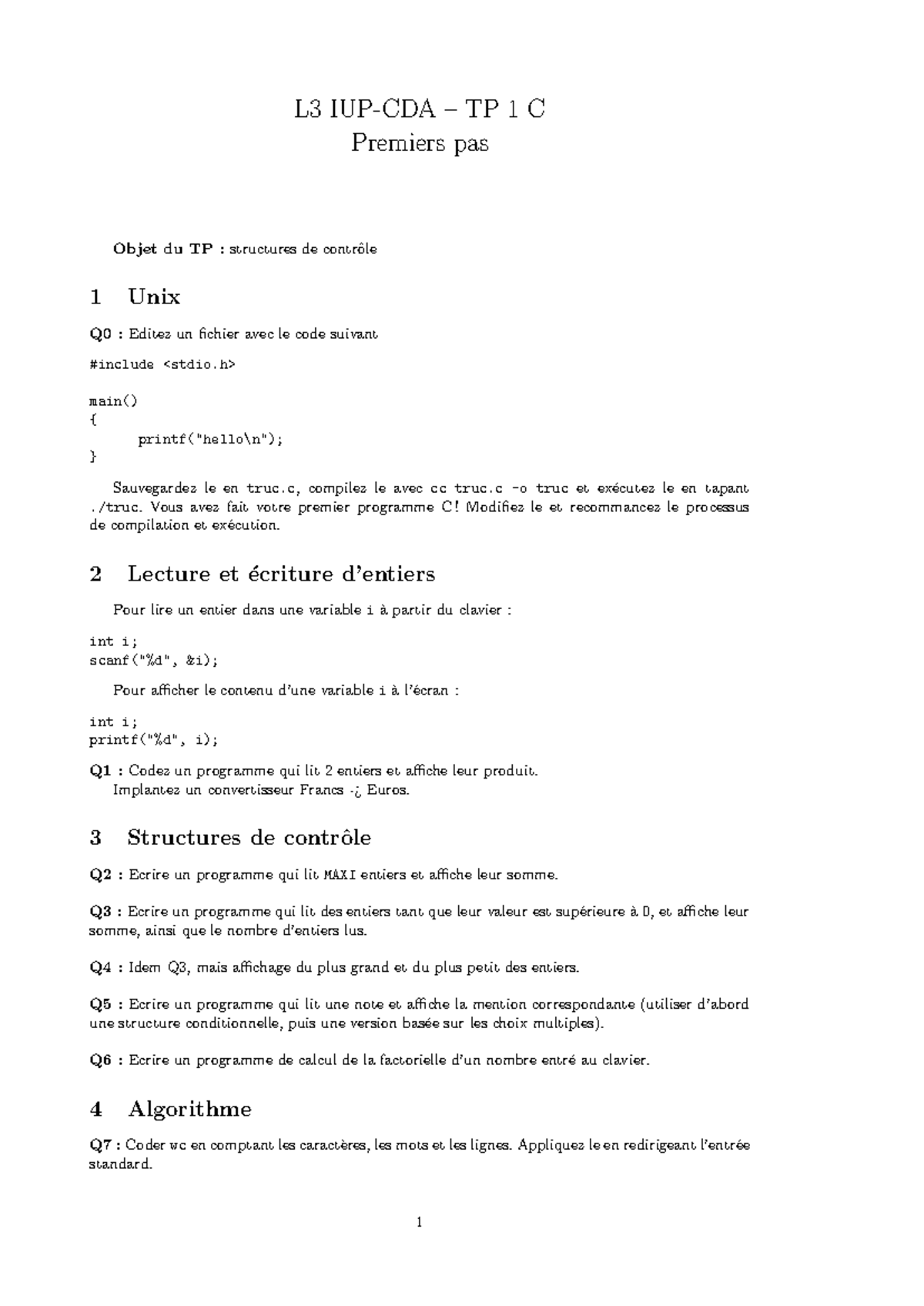 TP1 - Premiers Pas en C: Structures et Algorithmes en Unix - Studocu