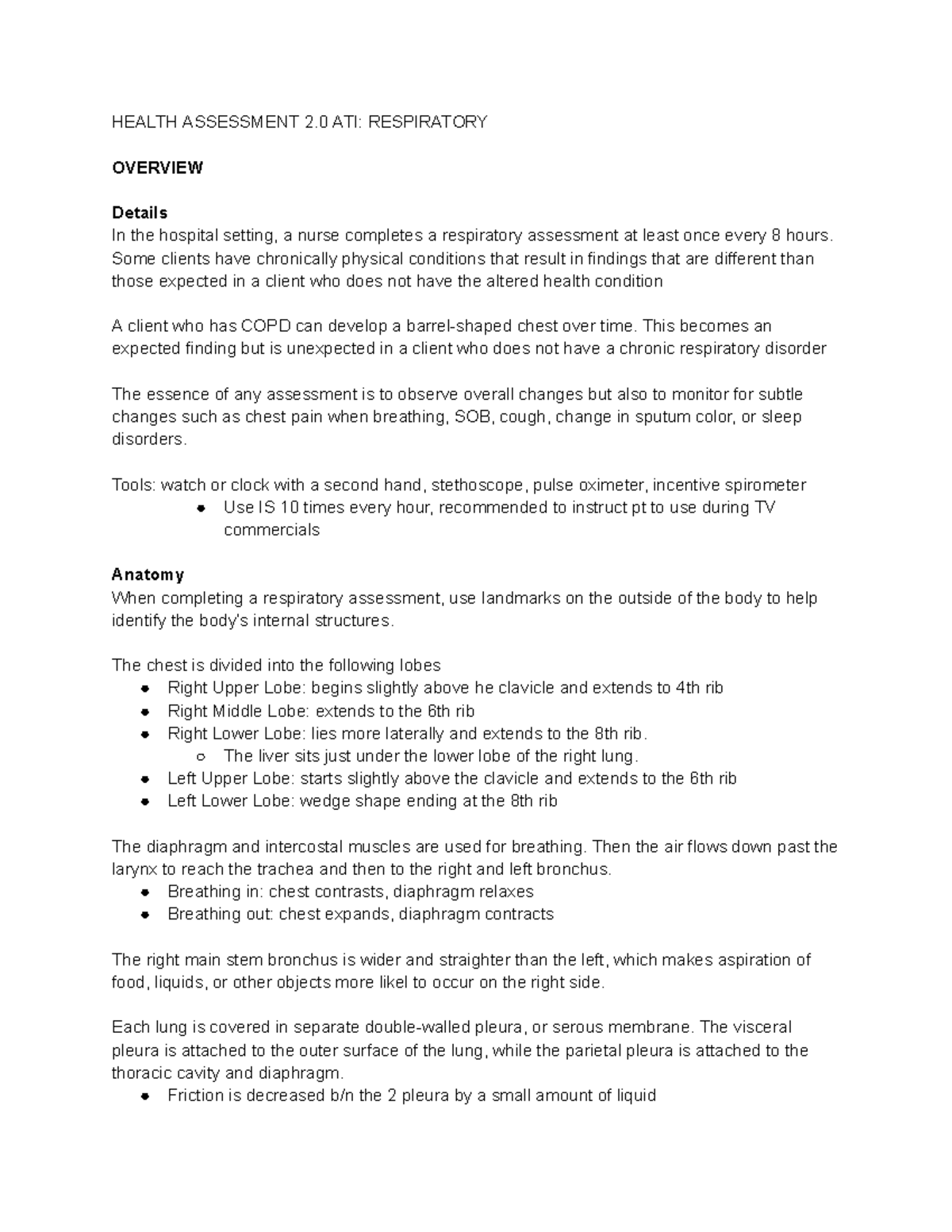 Respiratory - Notes - HEALTH ASSESSMENT 2 ATI: RESPIRATORY OVERVIEW ...