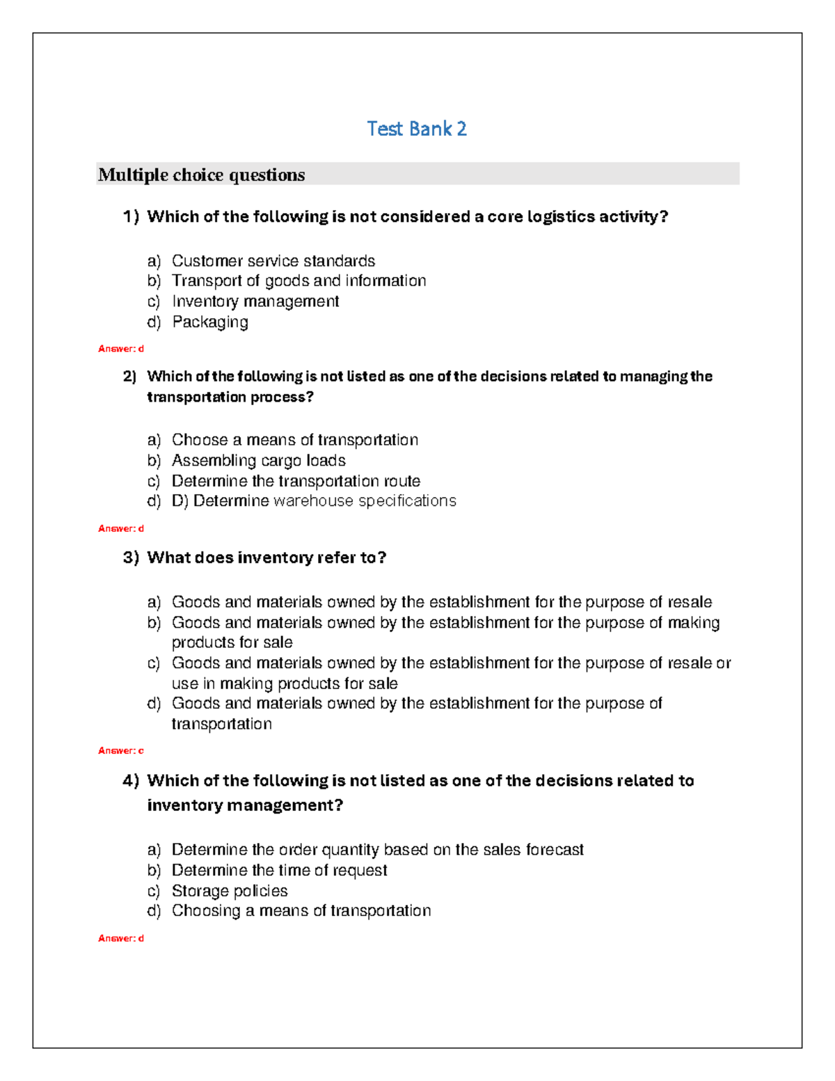 Test Bank 2: Logistics Multiple Choice & Essay Questions - Studocu