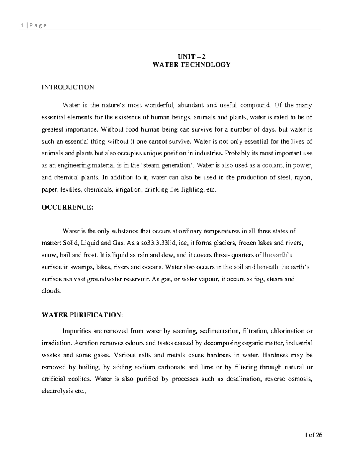 Unit 2: Comprehensive Study on Water Technology and Purification - Studocu