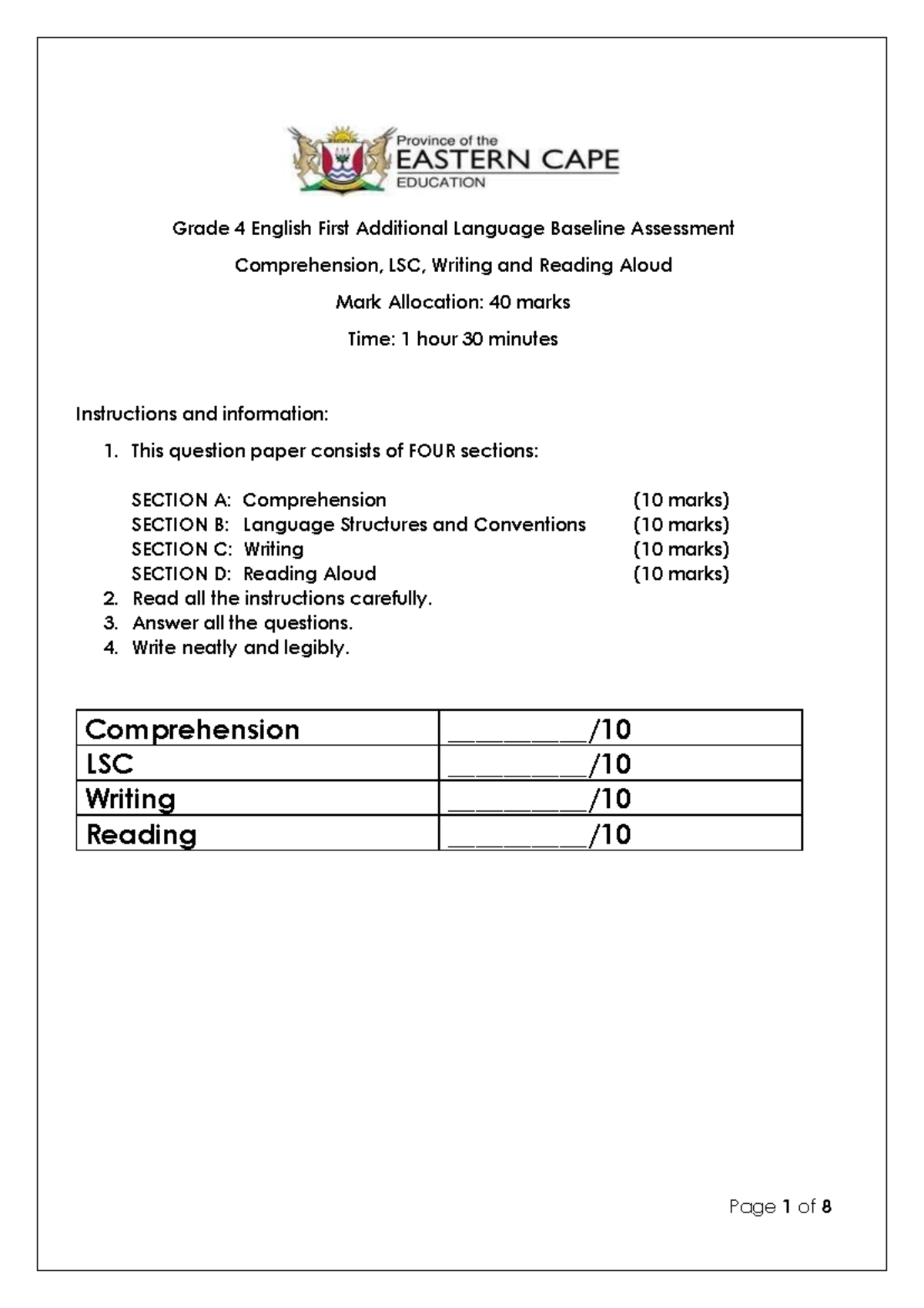 2026 Grade 4 EFAL Baseline Assessment: Comprehension, Writing & LSC ...