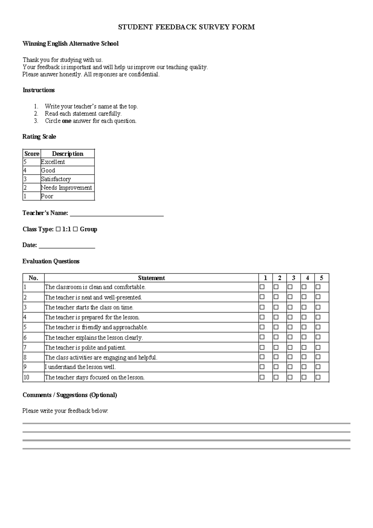 STUDENT FEEDBACK SURVEY FORM - Winning English School - Studocu