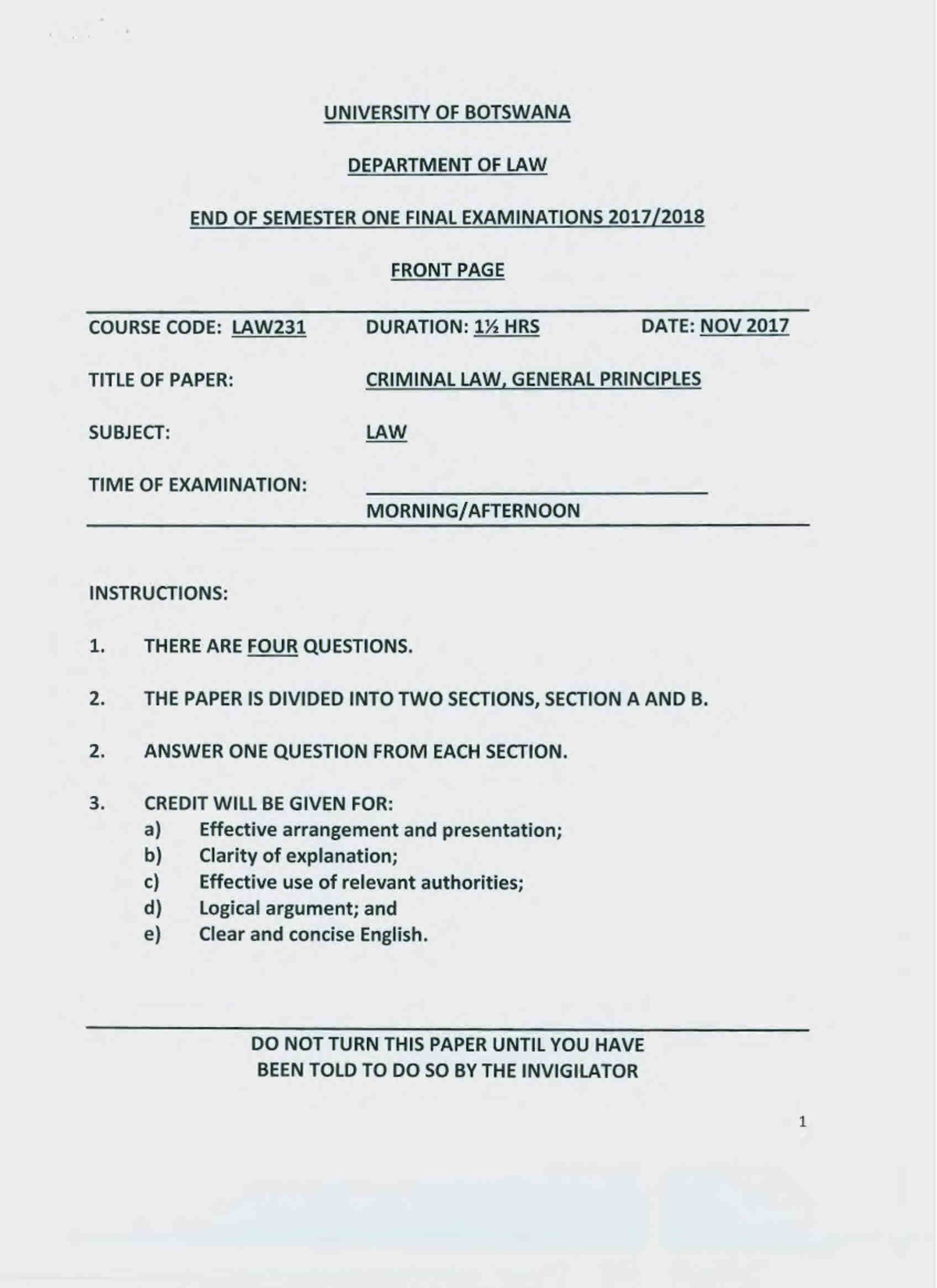 LAW231 End of Semester One Final Exam: Criminal Law Principles - Studocu