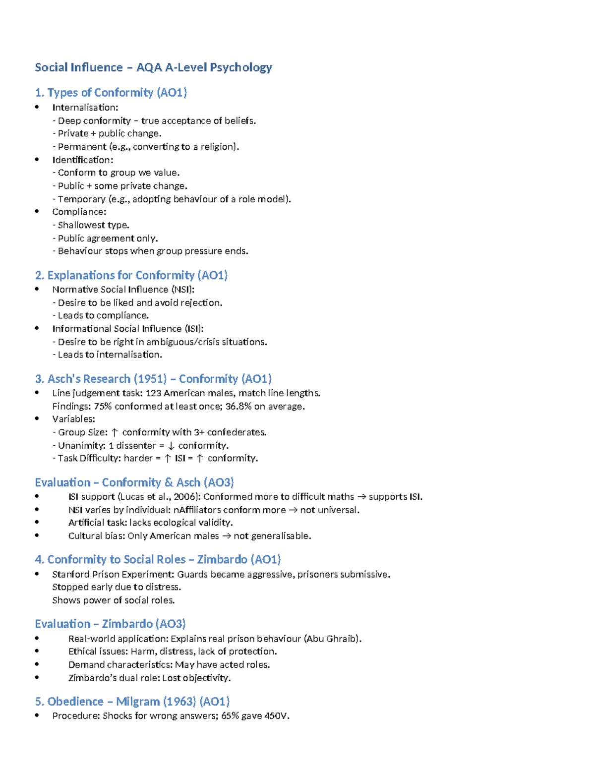 Social Influence AQA A-Level Notes: Types, Explanations, and Research ...