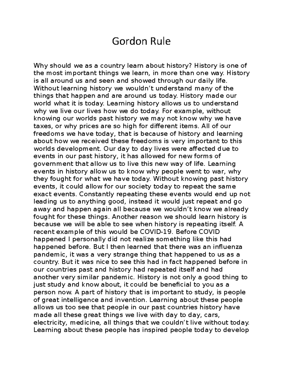 Gordon Rule: The Importance of Learning History for Society - Studocu